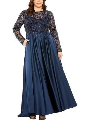 Mac Duggal Sheer Long Sleeve Beaded Gown - Midnight