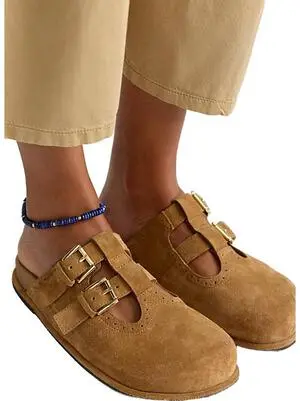 Free People Shoreditch Buckle Mules - Camel Suede