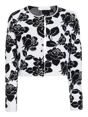 Carolina Herrera Floral Jacquard Knit Cropped Cardigan - Black,white