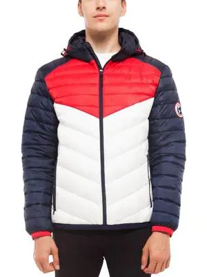 ROKKA&ROLLA Lightweight Quilted Hooded Puffer Jacket - Night Sky/ Bright White/ Red