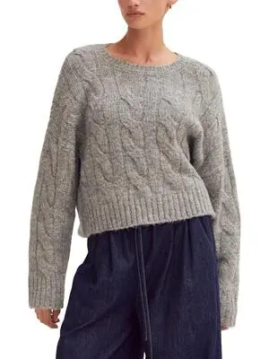 CRESCENT Cable Knit Crew Neck Sweater Heather Grey