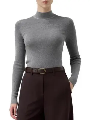 Lilysilk Essential Cashmere Blend Ribbed Mock Neck Top - Medium Gray