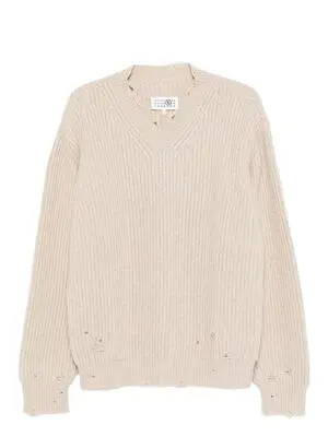 MAISON MARGIELA Ribbed V-neck Knit Sweater - Beige