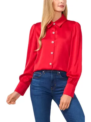 CECE DUPRAZ CeCe Embellished Satin Shirt Stoplight Red
