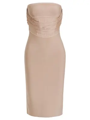 Herve Leger Strapless Bandage Dress With Fringe - Sand