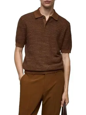 Mango Structured Knit Polo - Brown