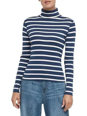 Three Dots Striped Turtleneck Long Sleeve Tee - Medieval Blue
