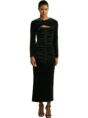 REISS Sia Velvet Ruched Midi Dress - Black