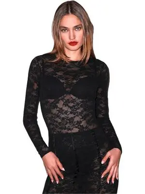 FLEUR DU MAL Le Stretch Lace Long Sleeve Bodysuit - Black