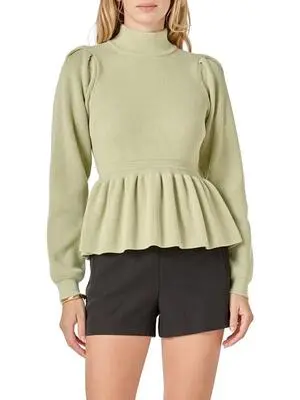 English Factory Mock Neck Peplum Ribbed Sweater - Sage