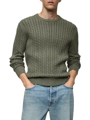Mango MANGO Cable Stitch Cotton-Blend Crewneck Sweater Forest Green