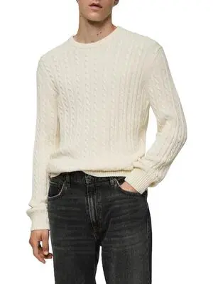 Mango MANGO Cable Stitch Cotton-Blend Crewneck Sweater Off White
