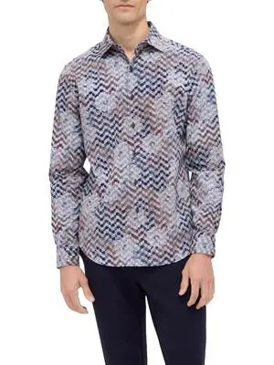Bugatchi Axel Shaped Fit Floral Chevron Print Stretch Button-up Shirt Caramel