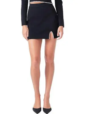Endless Rose Imitation Pearl Trim Ribbed Miniskirt - Black