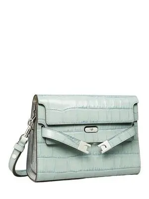 Tory Burch Lee Radziwill Croc-Embossed Shoulder Bag Blue Celadon