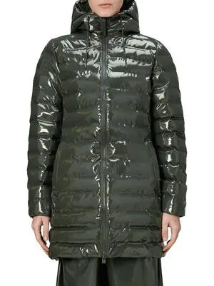 Rains Lohja Curve Waterproof Long Puffer Jacket - Swamp