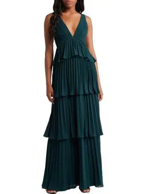 Lulus Tiered Pleated Gown - Emerald Green