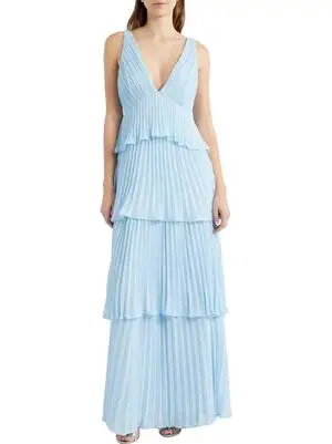 Lulus Tiered Pleated Gown - Ice Blue