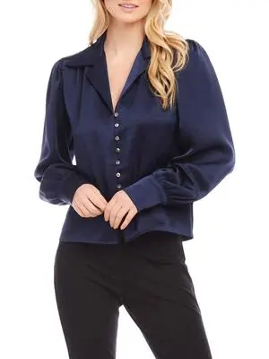 Karen Kane Karen Kane Satin Button-Up Shirt Navy