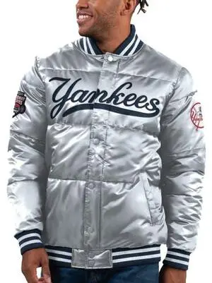 STARTER New York Yankees Bronx Satin Varsity Bomber Jacket - Silver