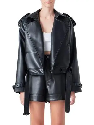 GREY LAB Faux Leather Trench Jacket - Black
