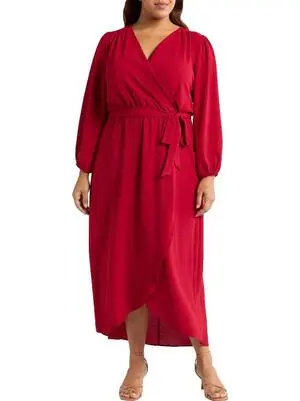 CONNECTED APPAREL Tie Waist Wrap Dress - Garnet