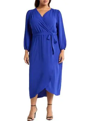CONNECTED APPAREL Tie Waist Wrap Dress - Saphire