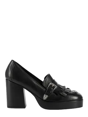 The Kooples Buckle-embellished Fringed Leather Block Heel Shoes - Black