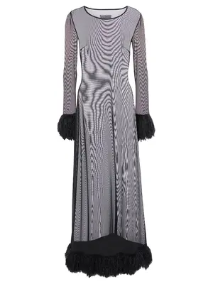 MARINE SERRE Faux Feather-trimmed Mesh Maxi Dress - Black