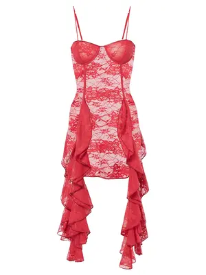 Oseree Oseree Ruffled Lace Bustier Dress Red
