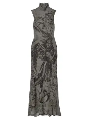 Acne Studios Printed Georgette Turtleneck Maxi Dress With Open Back - Gray