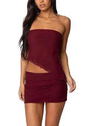 EDIKTED Mesh Asymmetric Tube Top - Burgundy