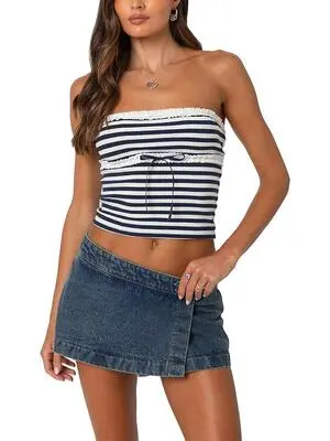 EDIKTED Striped Eyelet Trim Tube Top - Navy And White