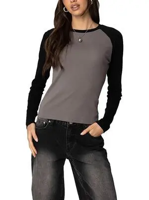 EDIKTED Tommi Raglan Long Sleeve T-shirt - Gray And Black