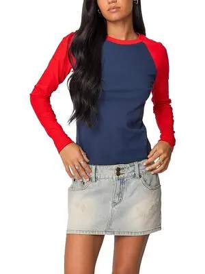 EDIKTED Tommi Raglan Long Sleeve T-shirt - Navy-and-red