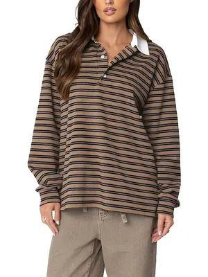 EDIKTED Edikted Stripey Oversized Collared Shirt Brown