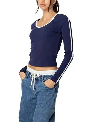 EDIKTED Contrast V-neck Long Sleeve T-shirt - Navy