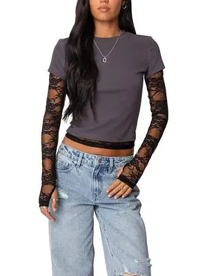 EDIKTED Layered Lace Sleeve T-shirt - Gray