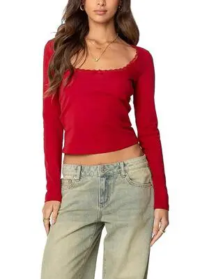 EDIKTED Lace Trim Ribbed T-shirt - Red