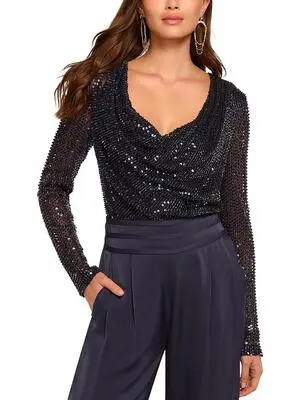 Ramy Brook Leon Beaded Cowlneck Top - Navy Beaded Mesh