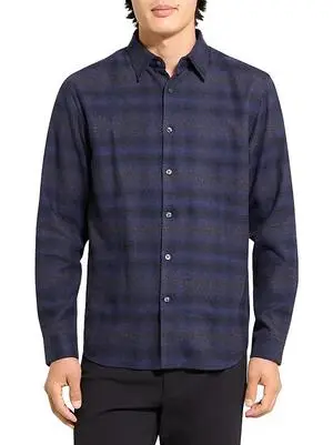 Theory Irving Button Down In Soft Plaid Cotton - Baltic Melange