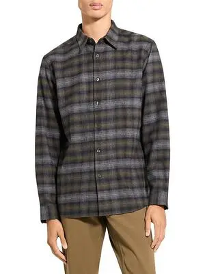 Theory Irving Button Down In Soft Plaid Cotton - Duffle Melange