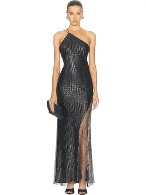 THE SEI Sheer Slit One Shoulder Gown - Silver
