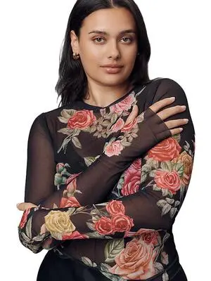 AFRM Kaylee Long-Sleeve Mesh Top Night Roses
