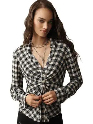 PILCRO The Keaton Ruched Collared Blouse Black/white Plaid