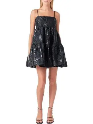 Endless Rose Metallic Floral Jacquard Tiered Minidress - Black