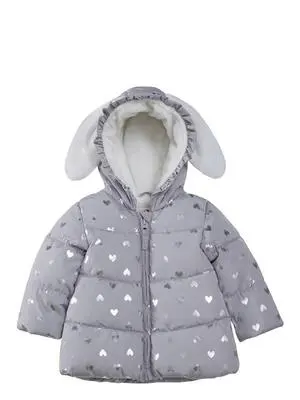 ROKKA&ROLLA Fleece Lined Bunny Puffer Jacket - Gray/ Heart Foil Print