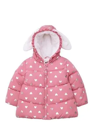 ROKKA&ROLLA Fleece Lined Bunny Puffer Jacket - Pink Coral/heart Foil Print