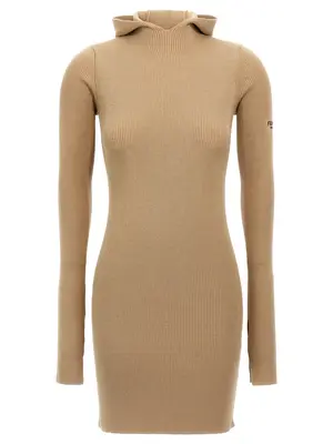 Fendi Ribbed Wool And Silk Hooded Dress - Brown