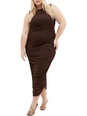 City Chic Halo Sleeveless Ruched Mesh Dress - Cocoa